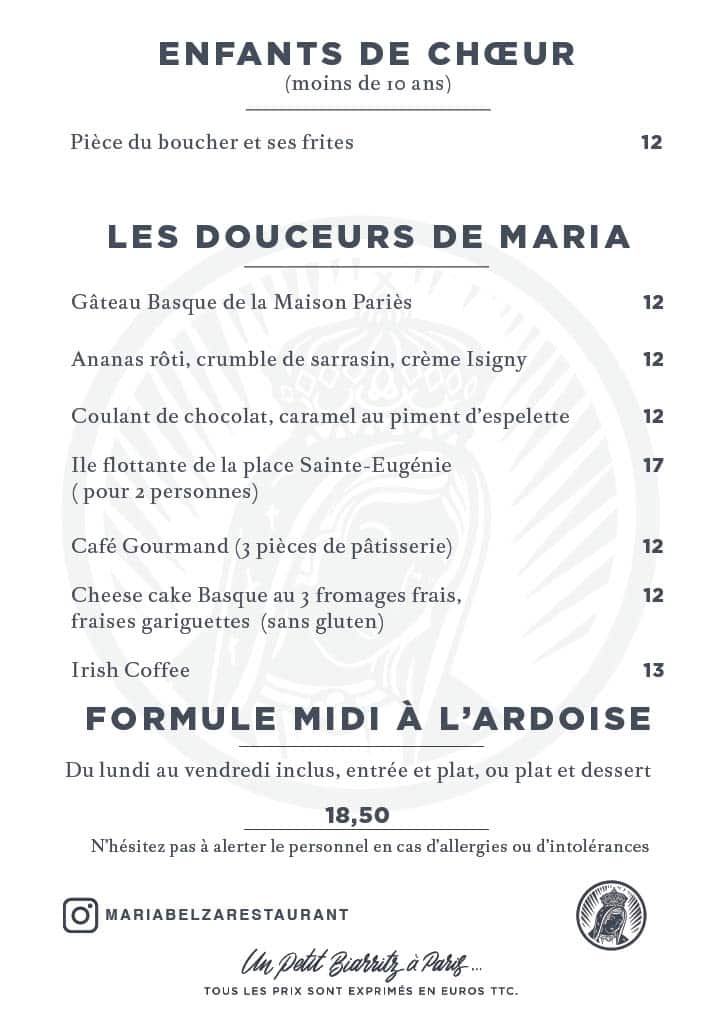 Menu Maria Belza - Restaurant Paris 10