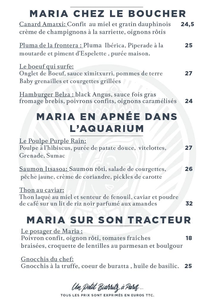 Menu Maria Belza - Restaurant Paris 10