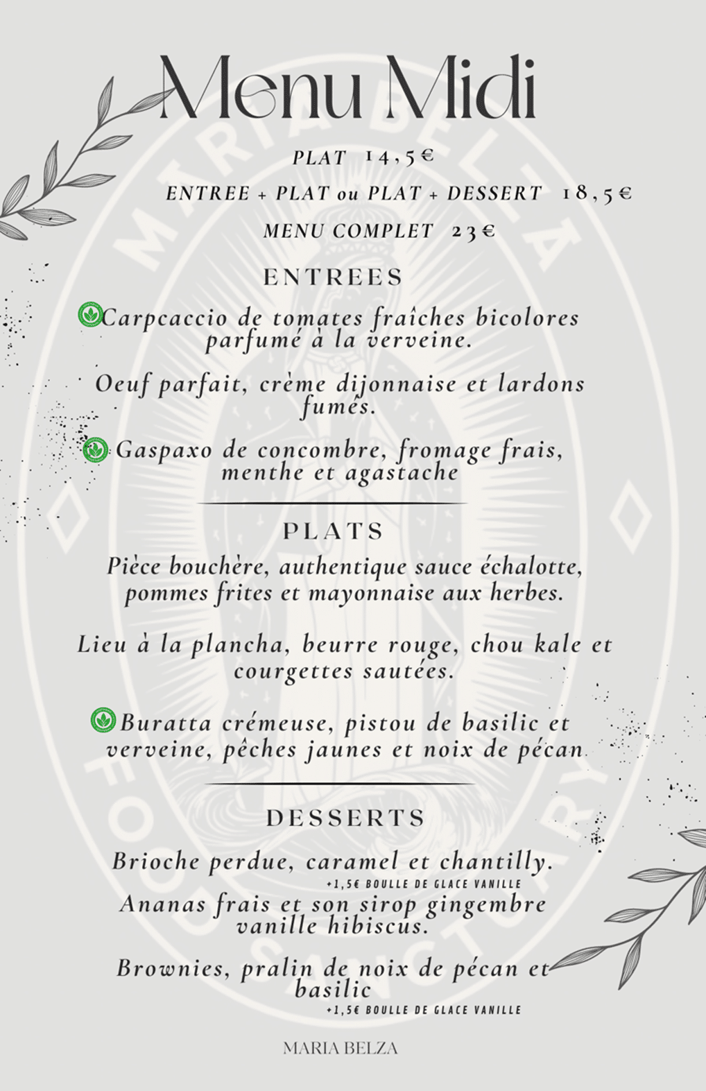 Menu Maria Belza - Restaurant Paris 10